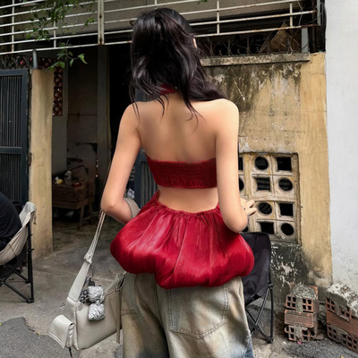 辣妹街头风红色挂脖吊带上衣欧美
