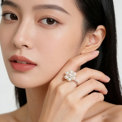 Loren Nicole高品澳白珍珠戒指女akoya伴彩淡粉珍珠活口雪花新款