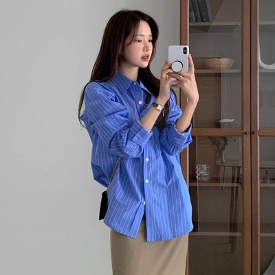 春夏新款复古条纹衬衫女宽松港味休闲长袖衬衣大码叠穿内搭上衣潮