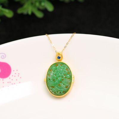 #1246银鎏金镶嵌糯种满绿天然A货翡翠复古缕空喜上眉梢香囊盒锁骨