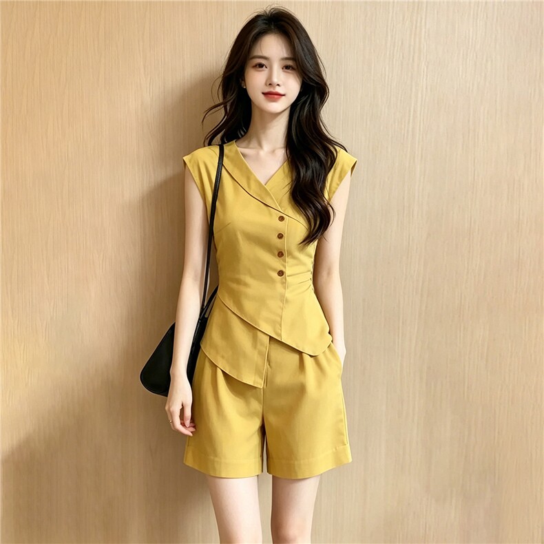 流行套装女夏季新款独特紧身减龄黄色短袖短裤舒服两件套大码好看