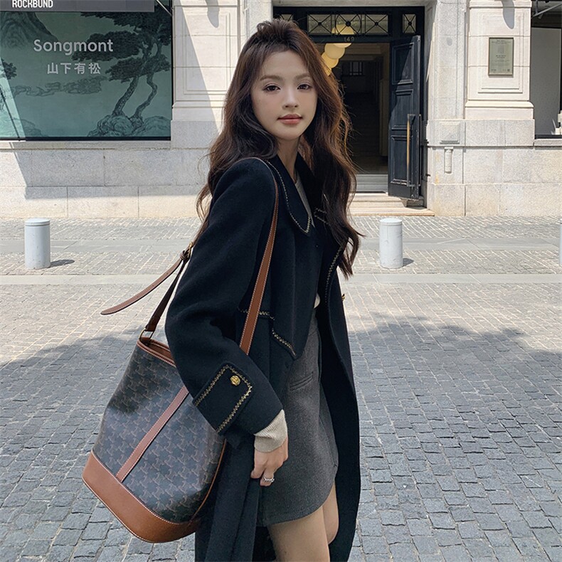 黑色双面呢大衣女中长款宽松翻领毛呢外套千金风气质新中式特别修