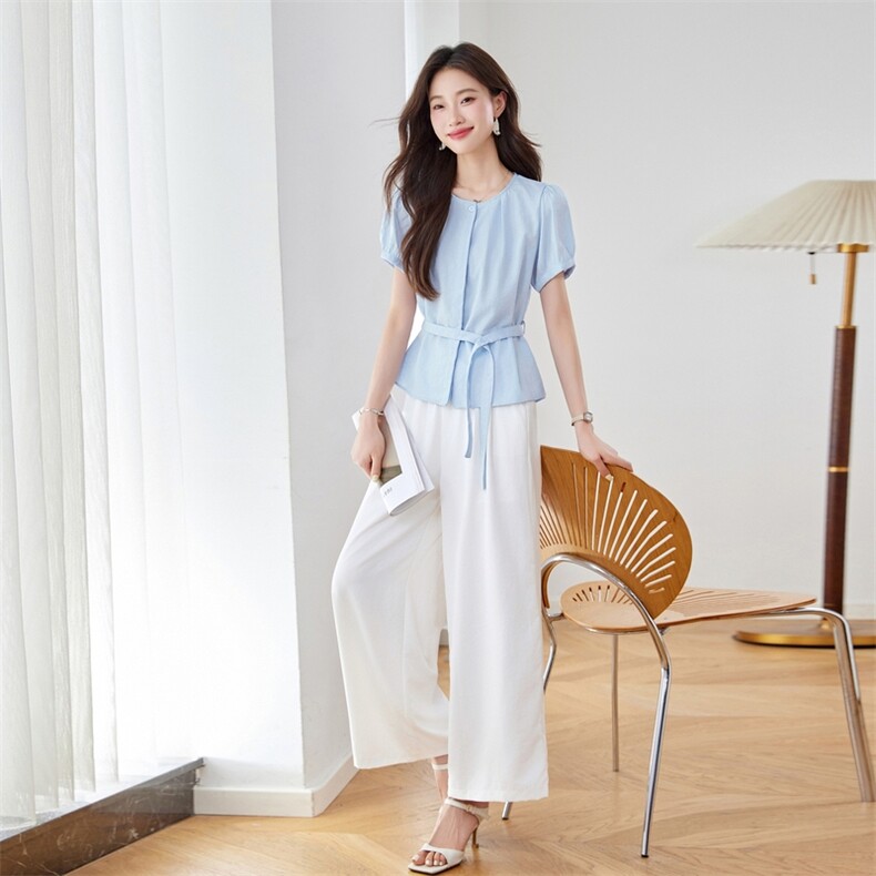 女夏季两件套短袖圆领系带收腰上衣九分裤时尚套装中老年质感精致