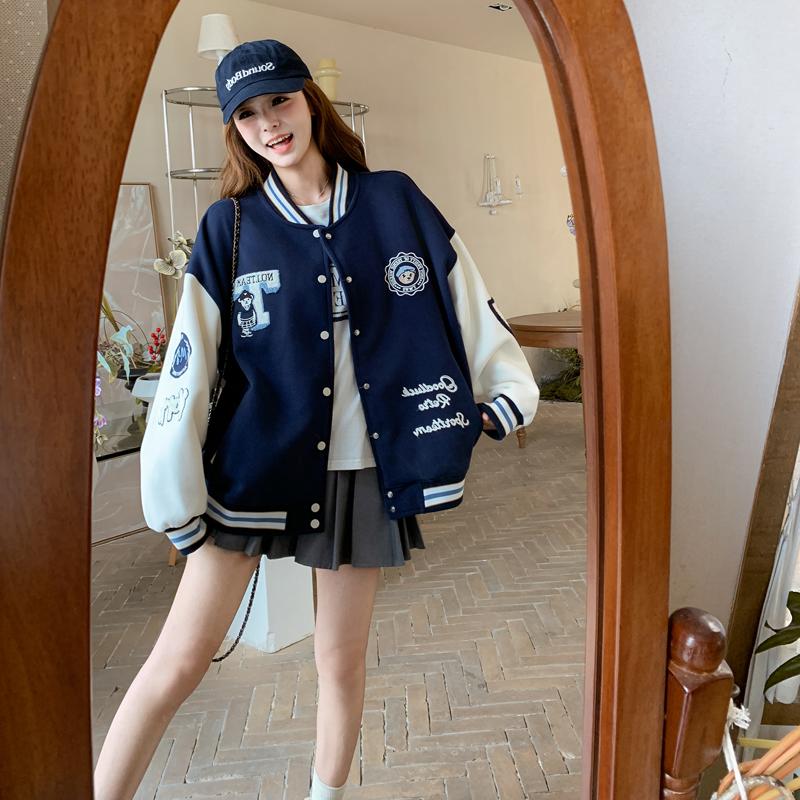 学院风藏青色刺绣棒球服外套女2026新款小个子流行夹克舒服大码小