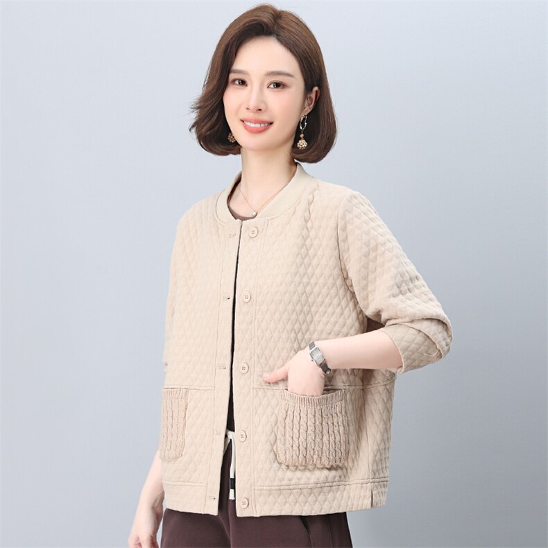 休闲风菱形格开衫外套女秋季宽松百搭棒球服中年妈妈上衣老钱风宽