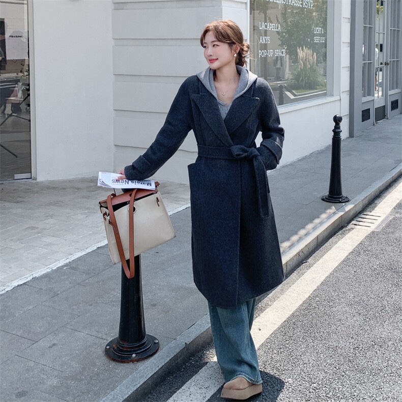 连帽双面毛呢大衣女长款秋冬加厚气质韩版外套舒服新款质感日式日
