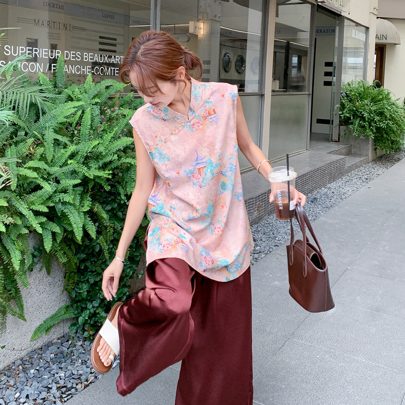 新中式印花立领无袖上衣阔腿裤两件套女夏季氛围感遮肉套装紧身今