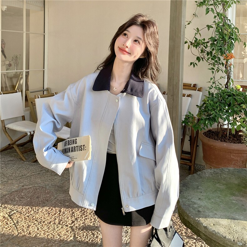 休闲风撞色翻领短外套女宽松百搭夹克小个子韩系外套高档紧身漂亮