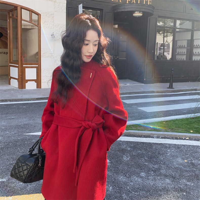 红色毛呢外套女2026冬季新款中长款系带收腰加厚大衣日式显瘦舒服