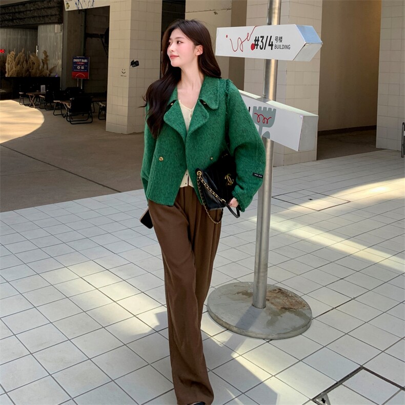 韩系绿色双面毛呢外套女2026新款高级感小个子气质短款大衣通勤独