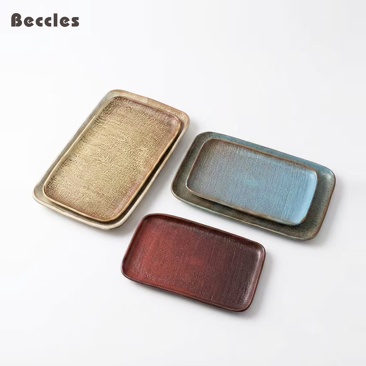BECCLES 粗陶麻布纹长方形平盘釉下彩陶瓷西餐平盘餐厅牛排盘摆盘
