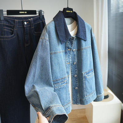 虫小小纯棉撞色翻领宽松牛仔外套