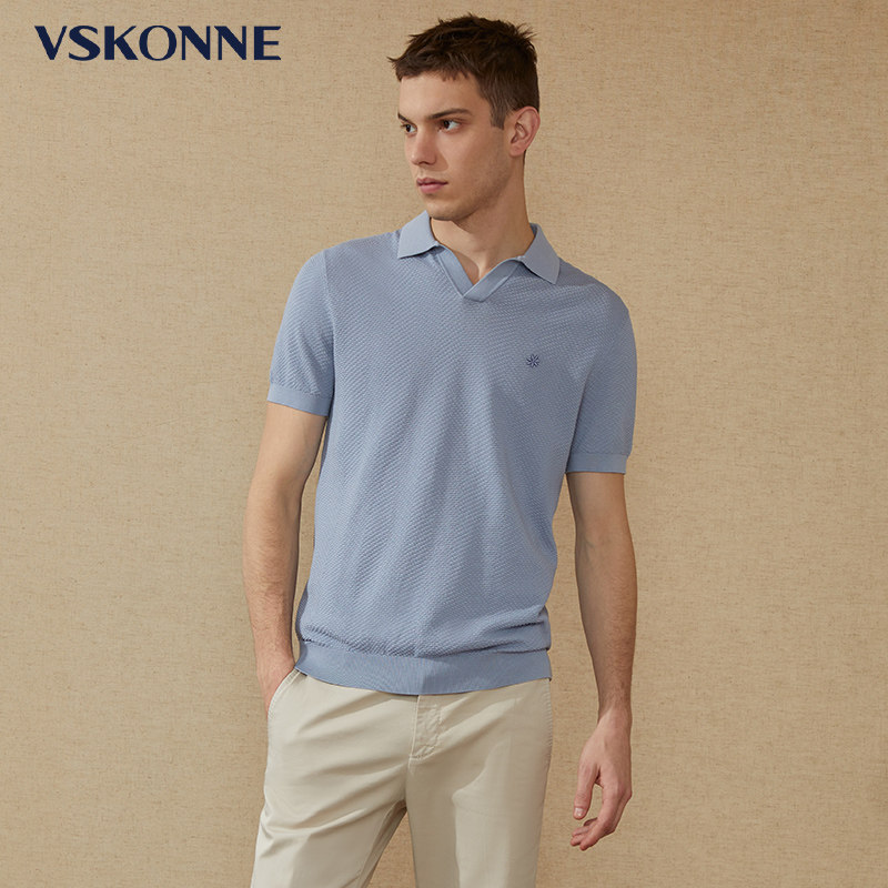 VSKONNE/威斯康尼男装夏季男士棉含桑蚕丝肌理通勤休闲短袖POLO衫