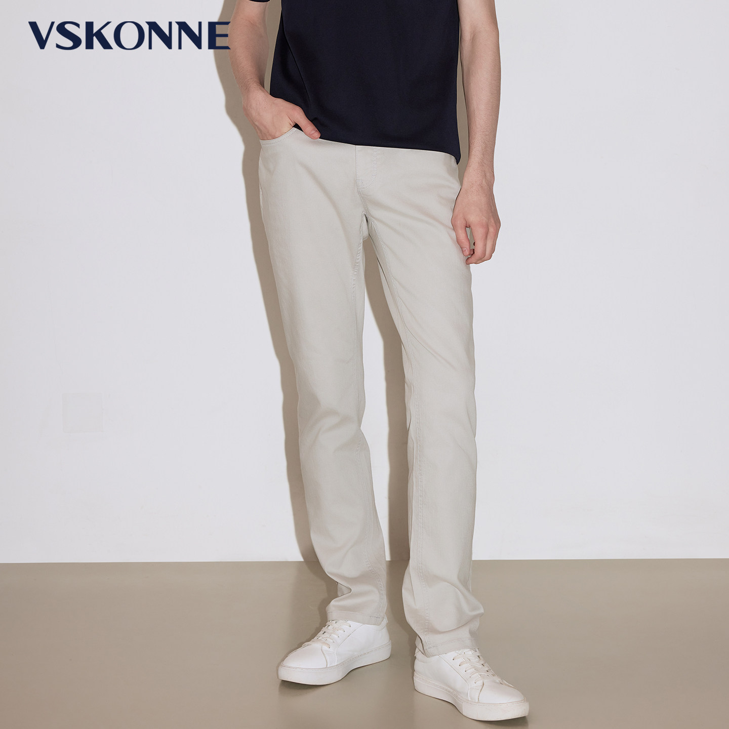 VSKONNE威斯康尼男休闲裤棉灰色中腰直筒微弹易打理百搭休闲裤子