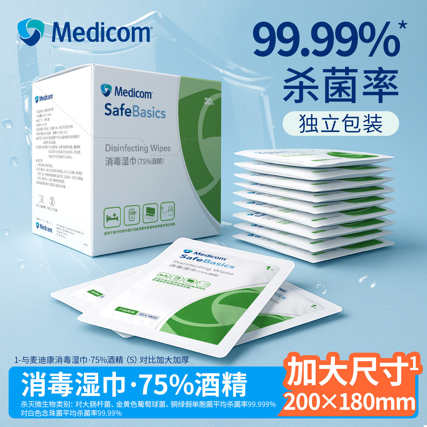 麦迪康酒精湿巾消毒湿巾纸家用便携独立小包装一次性杀菌用大尺寸