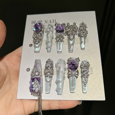 紫啧 纯手工穿戴甲手绘刺绣国风全锆东洲钻撞色猫眼长款新年款