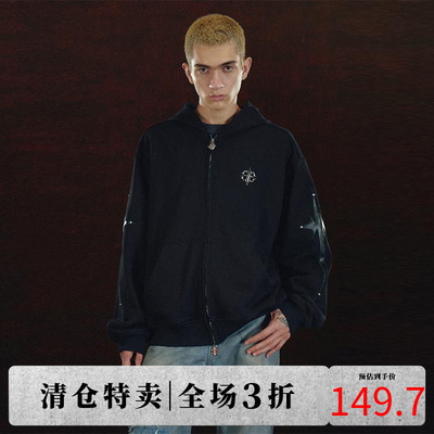 DICETINY袖子贴皮拉链帽衫连帽宽松纯棉重磅卫衣街头潮牌铆钉外套