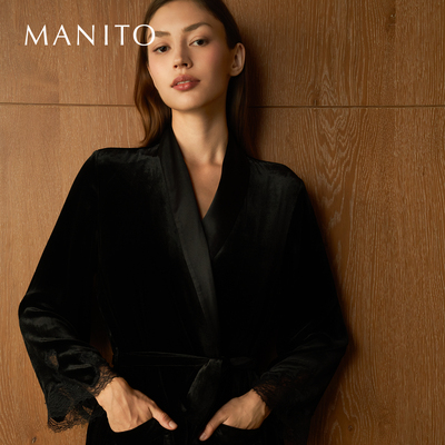 MANITO/曼尼陀Rome丝绒蕾丝睡袍22姆米桑蚕丝素绉缎长睡袍女款