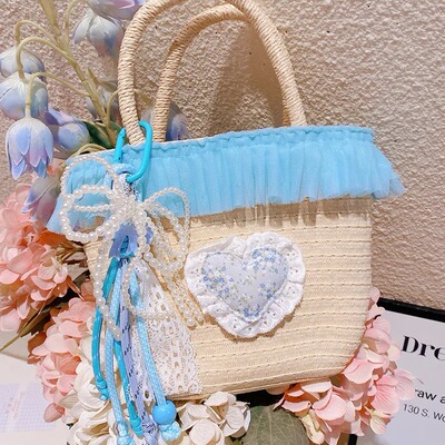 HD5139A08海洋蓝色蕾丝花边草编手提包包海边度假风手拎包水桶包