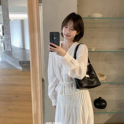 IMISS-春上新韩系气质V领压褶花边小衫R90608