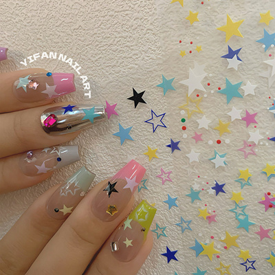 粉蓝配色星星元素美甲镂空星星