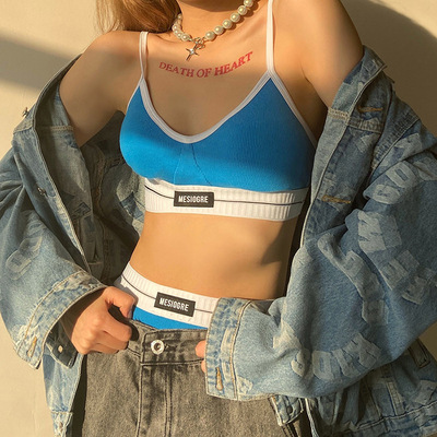 欧美女装撞色露脐时尚吊带背心短裤两件套女Bra Set+Short Pants