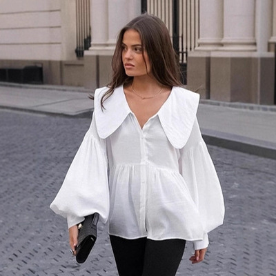 Women Shirt White Elegant法式通勤白色娃娃领灯笼袖衬衫女上衣