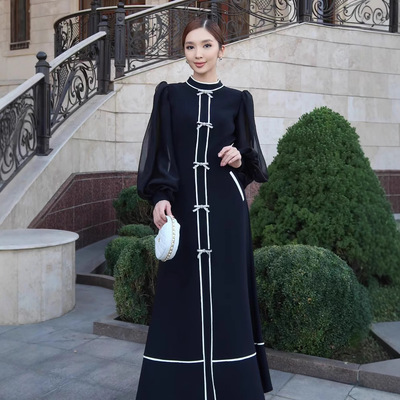 欧美蝴蝶结装饰气质长连衣裙Women Elegant Long Dresses Muslim