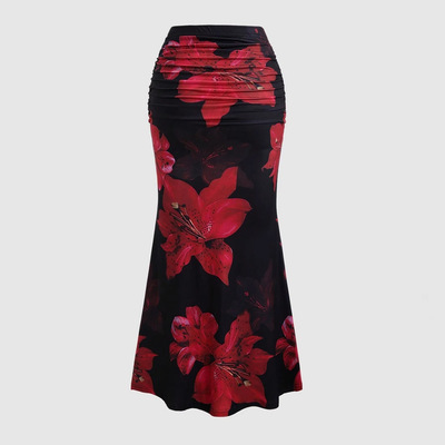 Women Long Skirts Print欧美全印花百褶A字裙休闲度假长款女装
