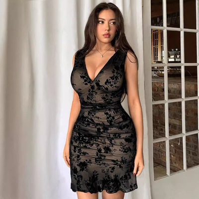 Women Dresses Elegant女优雅植绒深V领无袖迷你连衣裙荷叶边下摆