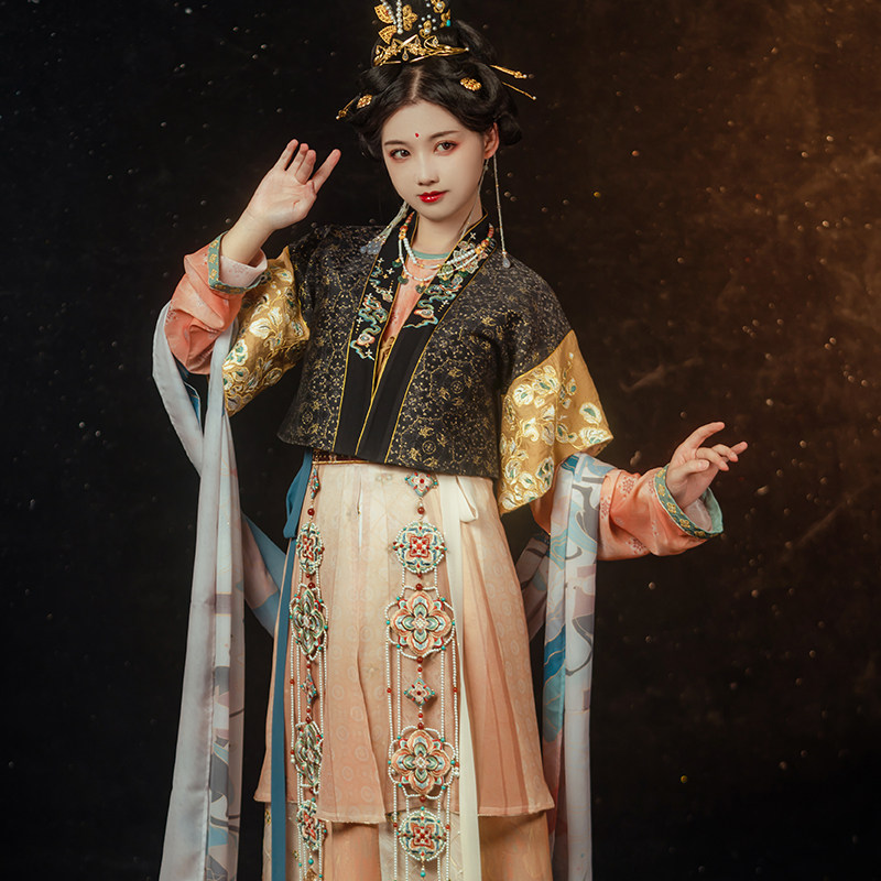 锦瑟衣庄 玄铁金沙唐制汉服女款短袖背子交窬裙黑金色系显瘦绣花