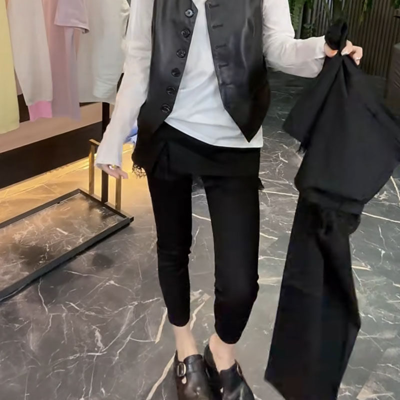 韩版春黑色新款松紧高腰蕾丝拼接假两件弹力时尚百搭修身小脚裙裤