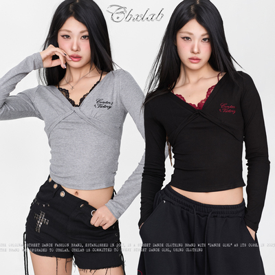 CBXLAB街舞潮牌性感辣妹蕾丝假两件修身长袖爵士跳舞甜酷上衣内搭