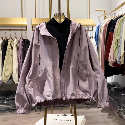 韩系抽绳连帽冲锋衣外套女士春秋