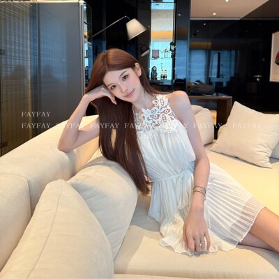 FAY【霜花凝梦】夏季法式纯欲性感收腰显瘦无袖白色连衣裙短裙