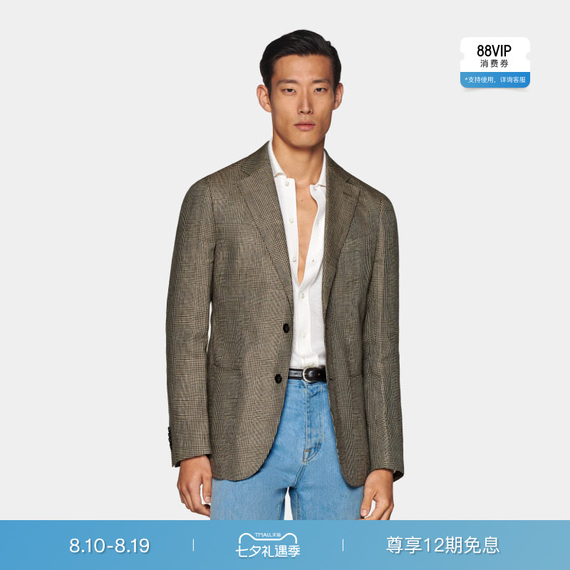 SUITSUPPLY中棕色亚麻格纹西服外套男士西装上衣