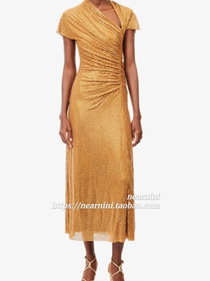 Nearnini 2026早春新款金色烫钻褶皱斜开口收腰显瘦短袖连衣裙