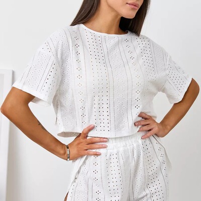 Women's white short sleeved+shorts sleepwear two-piece set