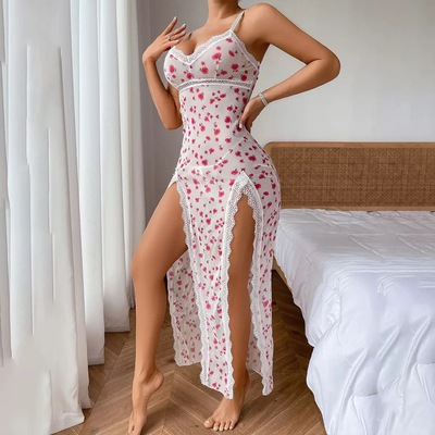 Floral long skirt pajama mesh slit nightgown女网纱开衩长睡裙