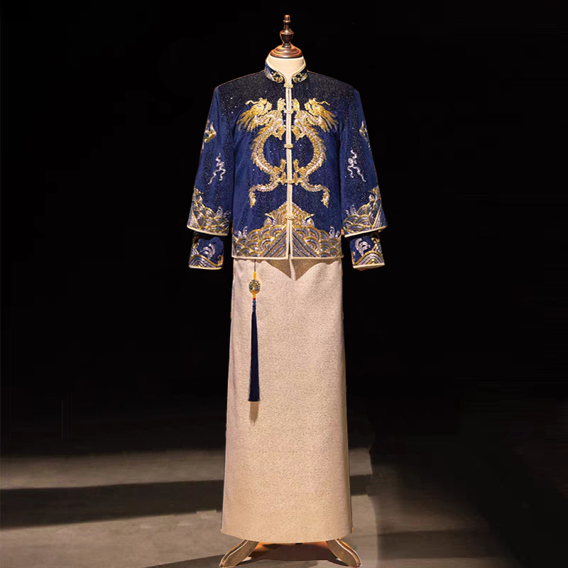 男士秀禾服2023夏新款中式新郎结婚礼服男装蓝色秀和服男款龙凤褂_虎窝淘