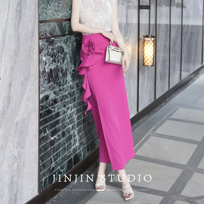 设计师荷叶造型立体花朵百搭长裙