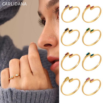 微镶彩色锆石多色戒指交叉开口素圈错位钛钢镀金生日石女时尚指环