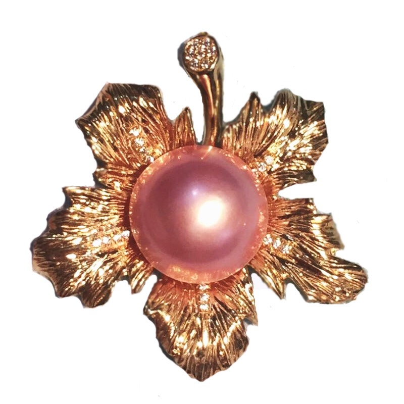 18k纯金镶钻天然马贝珍珠项链吊坠大叶花朵少女粉气质新款 商品图