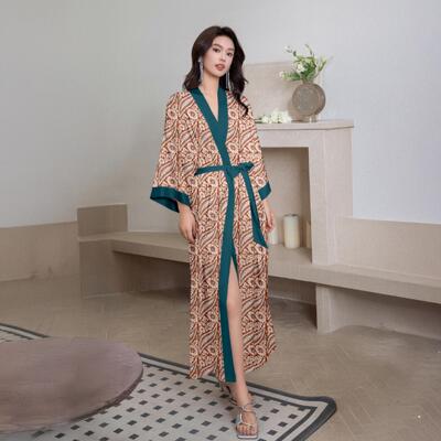 欧美长款印花女士浴袍缎面家居服雪纺睡衣舒适WP3976乱花睡袍
