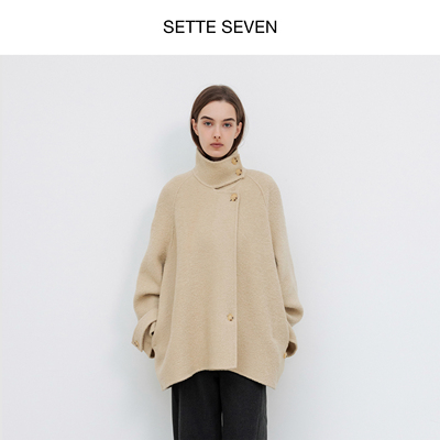 SETTE SEVEN·秋冬复古立领毛呢短款外套女气质纯色宽松呢子上衣