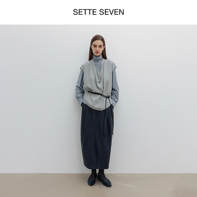 SETTE SEVEN·【当当同款】收褶羊毛立体显瘦开叉设计毛呢半身裙