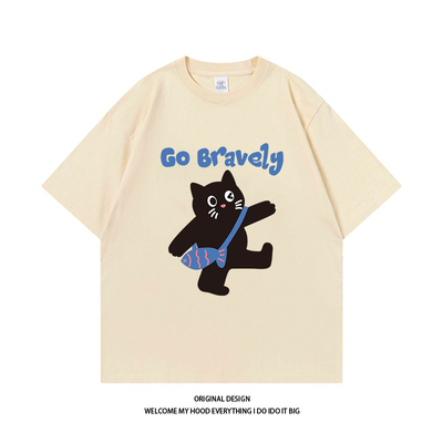 CHRY STUDIO国潮趣味卡通猫咪印花短袖T百搭宽松休闲情侣同款体恤