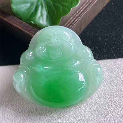 天然缅甸A货翡翠a货正品原矿冰糯种飘绿佛公吊坠项链21.15g即