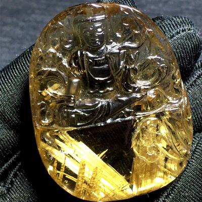 天然水晶金发晶巴西板钛晶猫眼观音菩萨吊坠项链46.9克原矿顺发邮