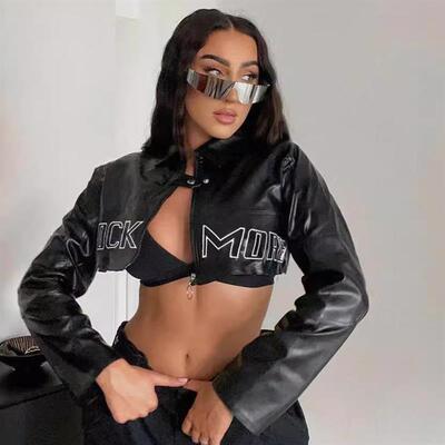 PU革字母刺绣翻领拉链长袖超短个性街头开衫夹克女